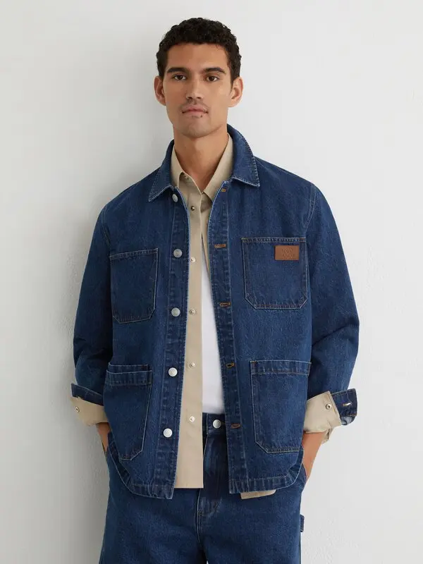 REISS Monogram-patch Relaxed Denim Overshirt