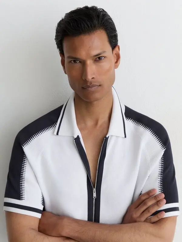 REISS Optic White & Navy Colour-block Zip-through Knit Shirt