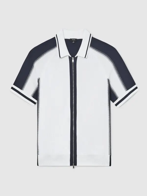 REISS Optic White & Navy Colour-block Zip-through Knit Shirt