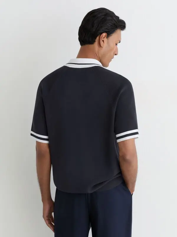 REISS Optic White & Navy Colour-block Zip-through Knit Shirt