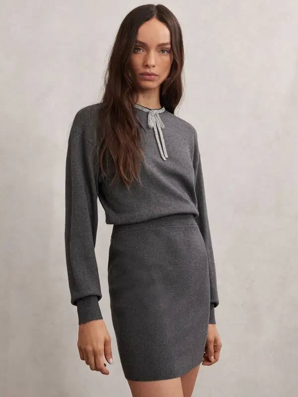 REISS Wool Crystal Bow Mini Dress
