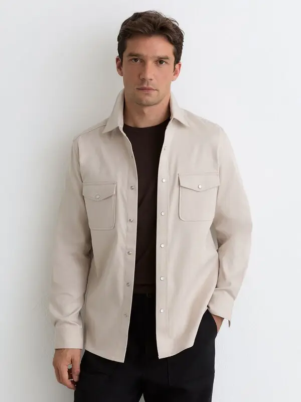 REISS Cotton-twill Twin-pocket Overshirt With Stretch - Stone