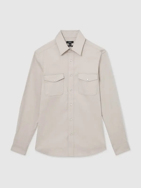 REISS Cotton-twill Twin-pocket Overshirt With Stretch - Stone
