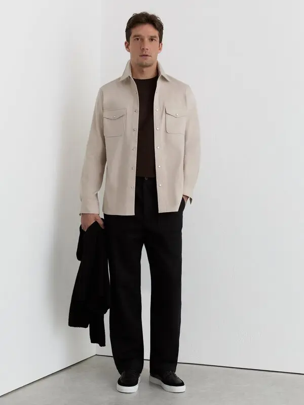 REISS Cotton-twill Twin-pocket Overshirt With Stretch - Stone