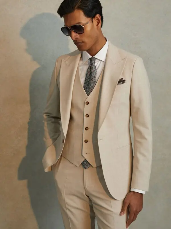 REISS Belmont Single-breasted Wool Blend Waistcoat - Beige