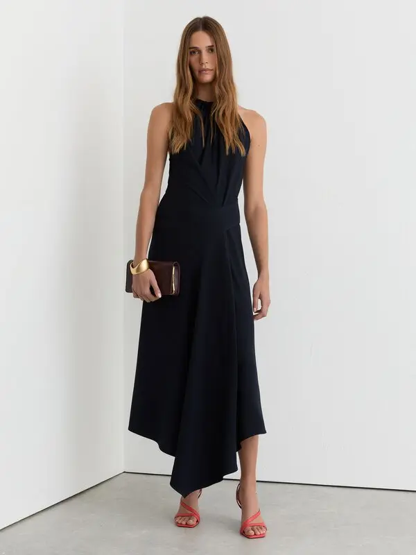 REISS Drape-detail Sleeveless Midi Dress - Navy