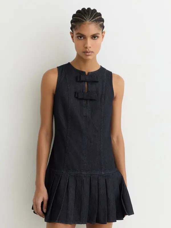 REISS Sleeveless Pleated Denim Mini Dress - Dark Blue