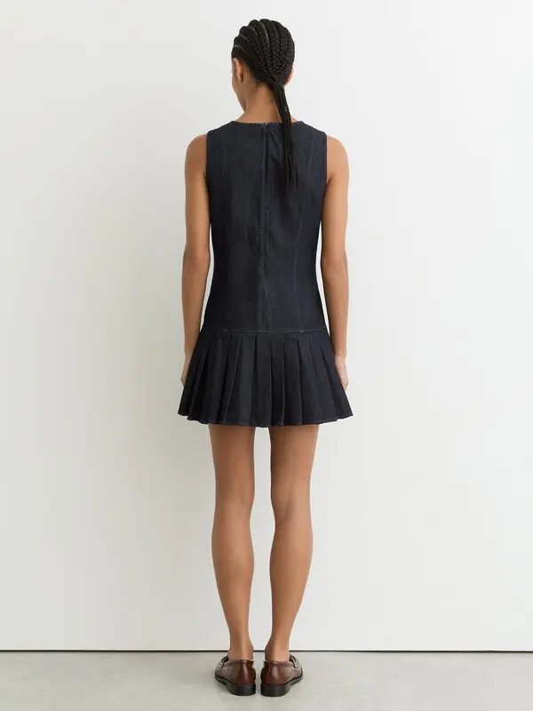 REISS Sleeveless Pleated Denim Mini Dress - Dark Blue