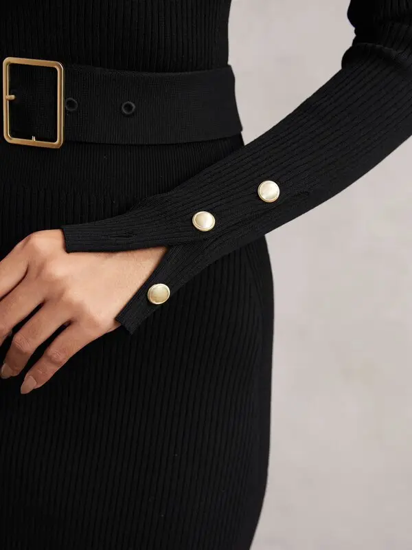 REISS Rib Knit Buttoned Midi Dress
