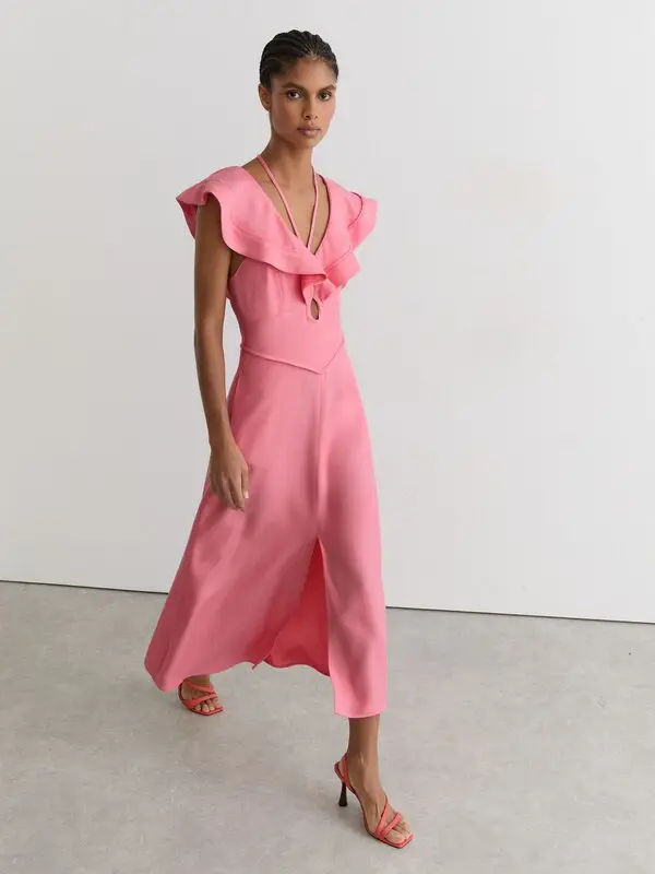 REISS Ruffle Tie-neck Keyhole Midi Dress