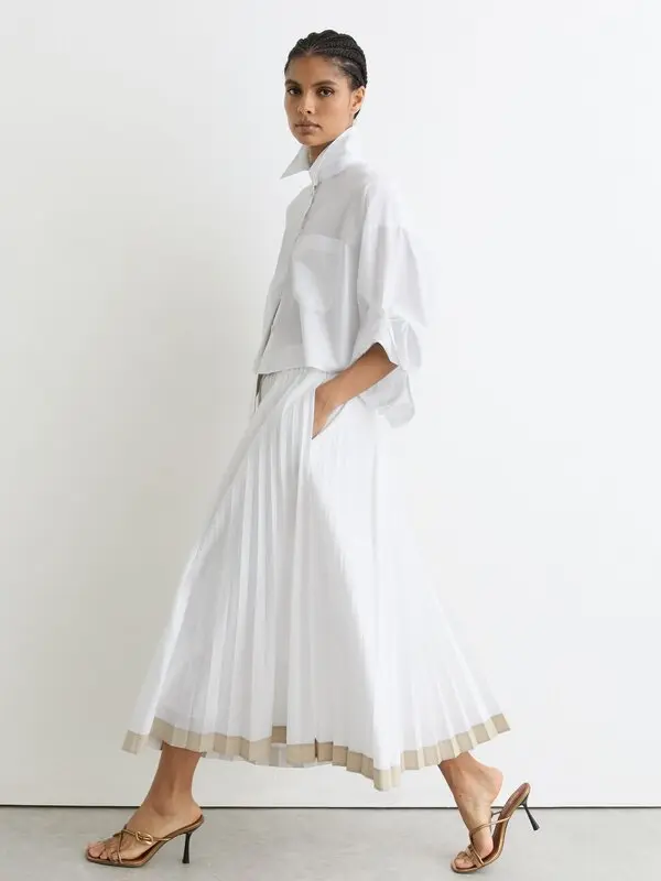 REISS Pleated Belted Midi Skirt With Cotton
