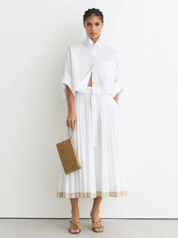 REISS Pleated Belted Midi Skirt With Cotton