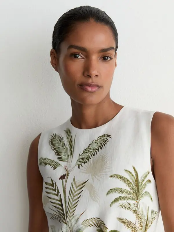 REISS Khaki Linen Palm-print Midi Dress - Ivory/khaki