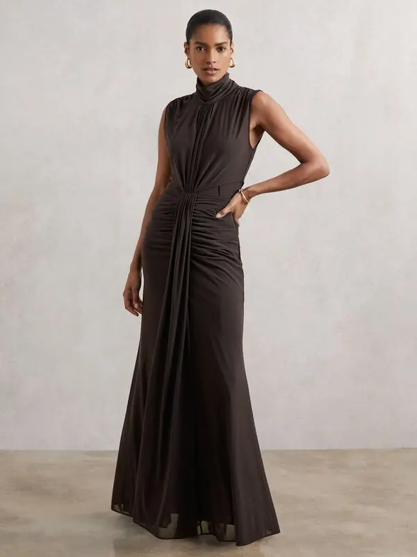 REISS Daniella Sheer Ruched Maxi Dress - Brown