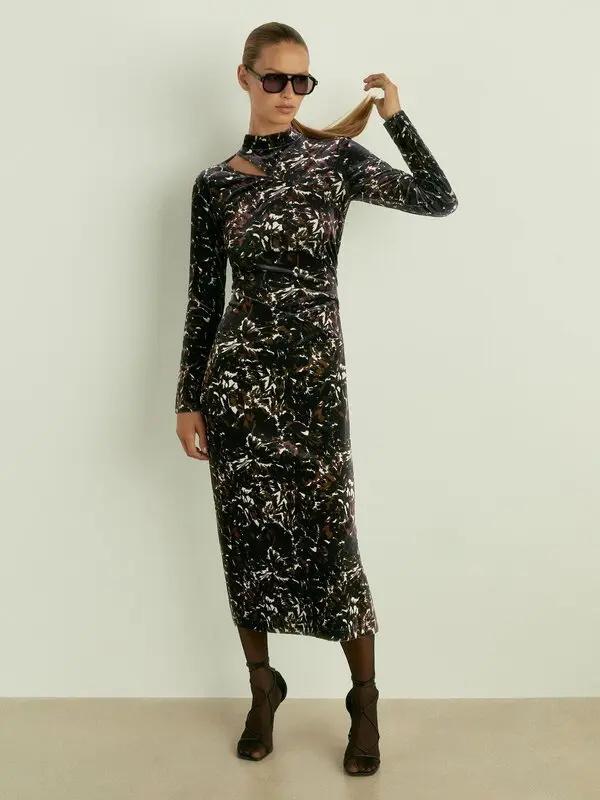REISS White Abstract Print Velvet Dress - Black
