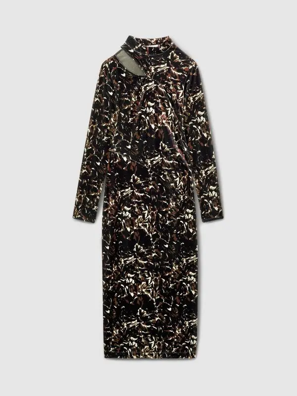 REISS Sonya Printed Velvet Cut-out Midi Dress