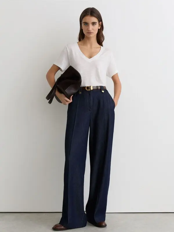 REISS Linen V-neck T-shirt - White