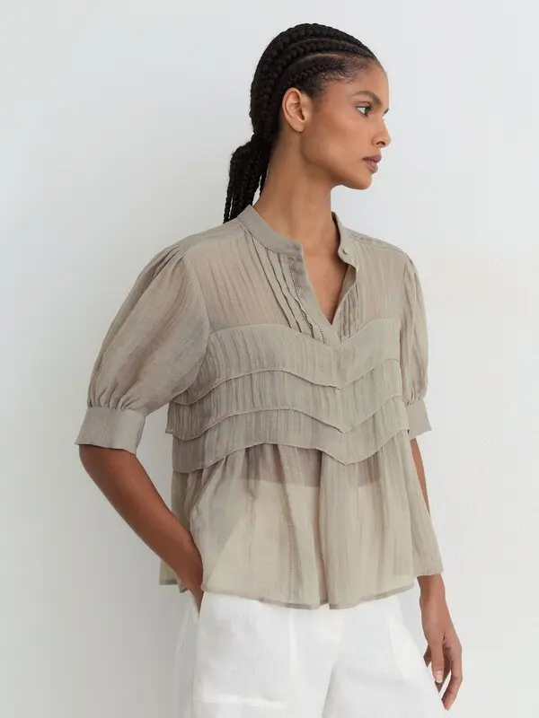 REISS Frill-detail Half-button Blouse
