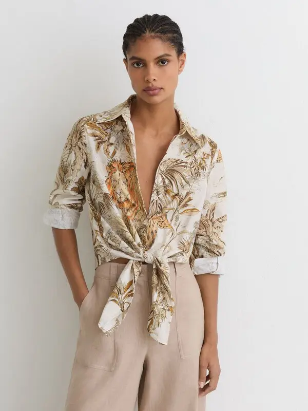 REISS Cotton Safari-print Tie-front Shirt