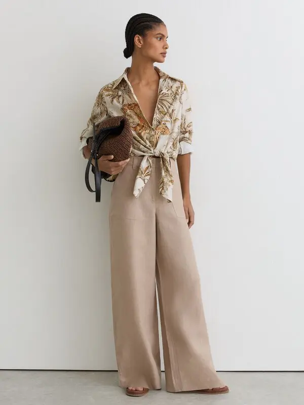 REISS Cotton Safari-print Tie-front Shirt - Neutral