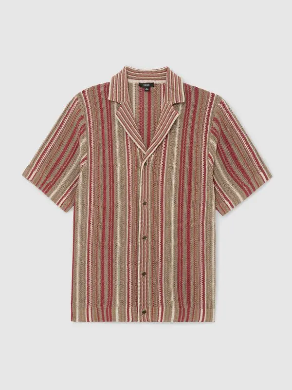 REISS Red & Camel Striped Knit Cuban-collar Shirt