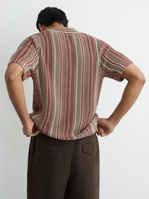 REISS Red & Camel Striped Knit Cuban-collar Shirt