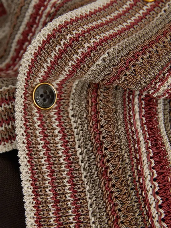 REISS Red & Camel Striped Knit Cuban-collar Shirt