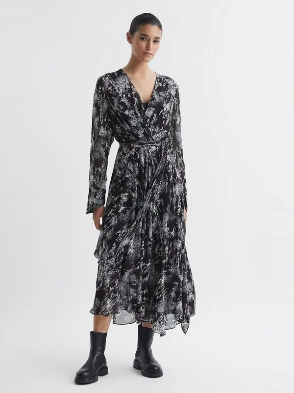 REISS Grey Belted Ruffle Printed Midi Dress - Black
