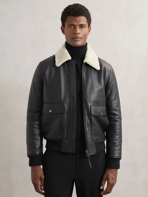 REISS Leather Shearling-collar Bomber Jacket