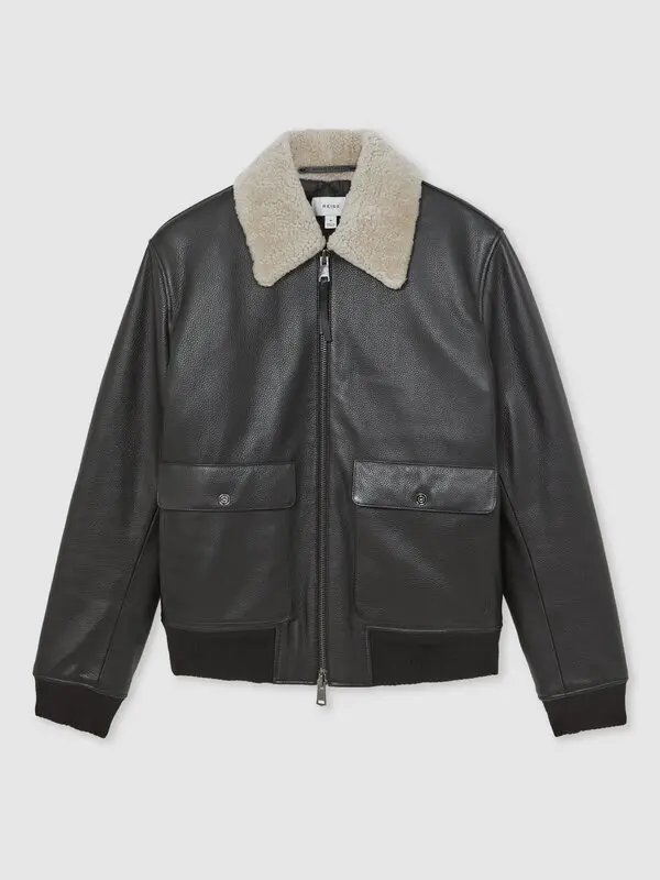 REISS Leather Shearling-collar Bomber Jacket