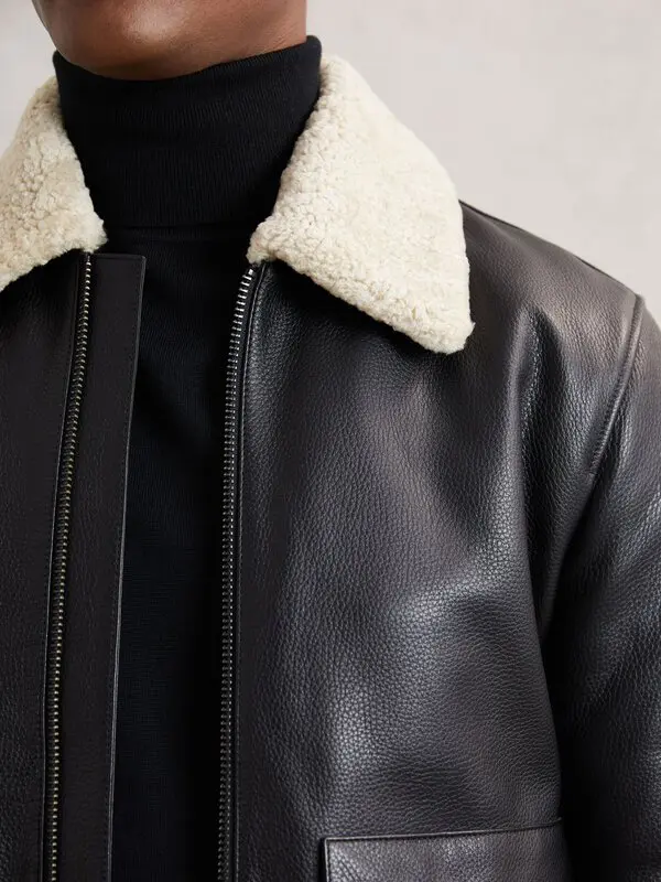 REISS Leather Shearling-collar Bomber Jacket