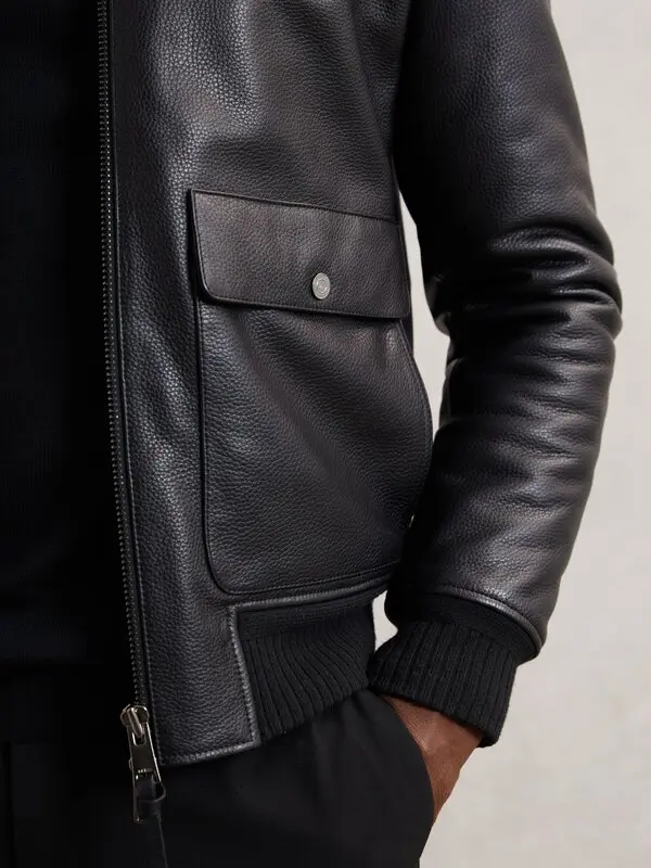 REISS Leather Shearling-collar Bomber Jacket