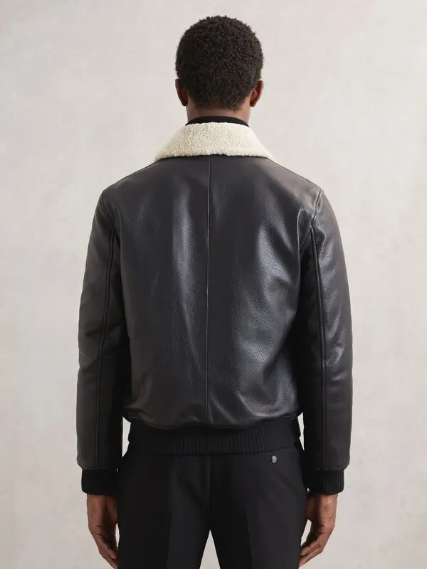 REISS Leather Shearling-collar Bomber Jacket