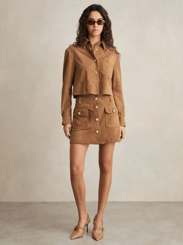 REISS Suede Button-through Mini Skirt