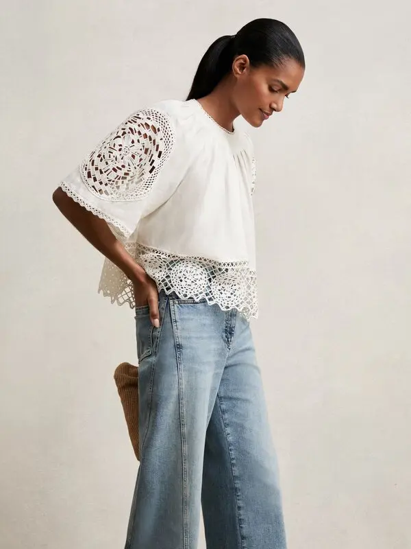 REISS Linen Embroidered Swing Top