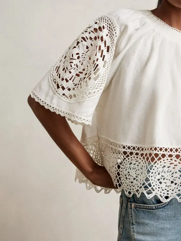 REISS Linen Embroidered Swing Top