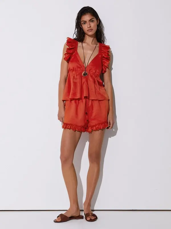 REISS Ruffle Trim Side-tie Babydoll Top