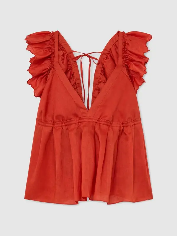 REISS Ruffle Trim Side-tie Babydoll Top