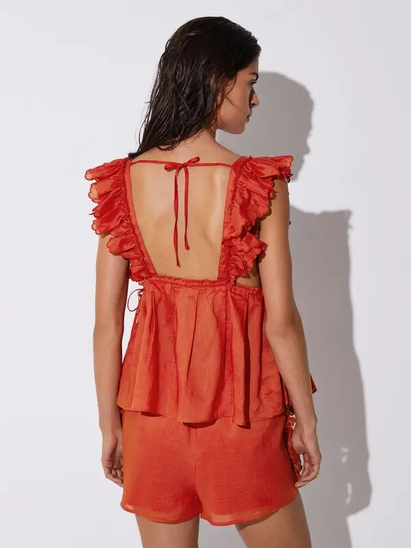 REISS Ruffle Trim Side-tie Babydoll Top