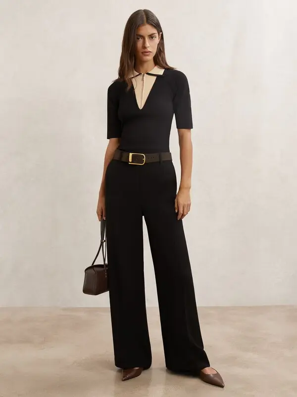 REISS Contrast-collar Half-zip Knitted Top
