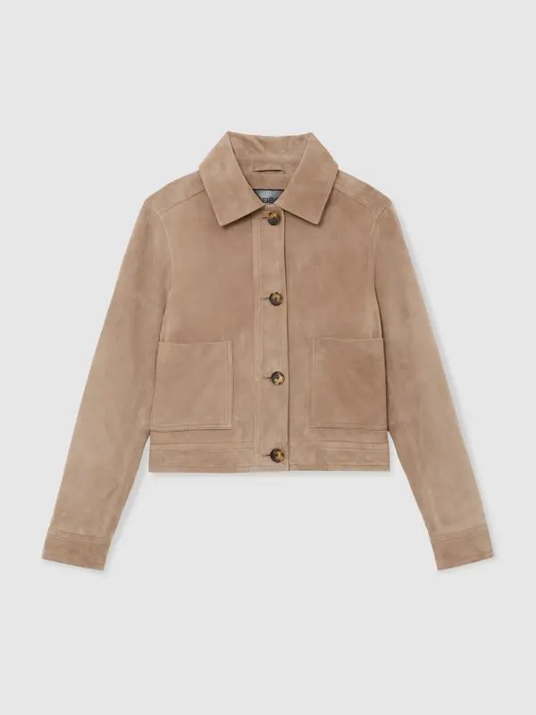 REISS Petite Suede Cropped Trucker Jacket - Neutral