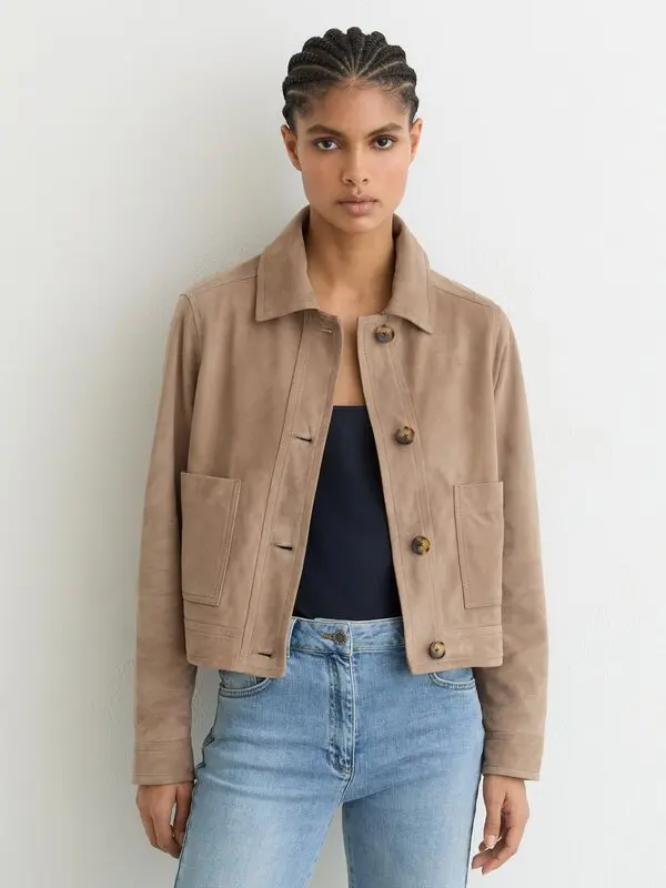 REISS Petite Suede Cropped Trucker Jacket - Neutral