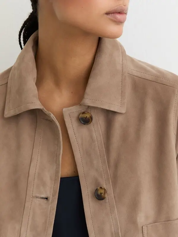 REISS Petite Suede Cropped Trucker Jacket - Neutral