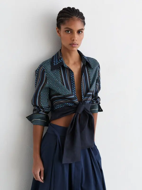 REISS Linen Scarf-print Tie-front Shirt