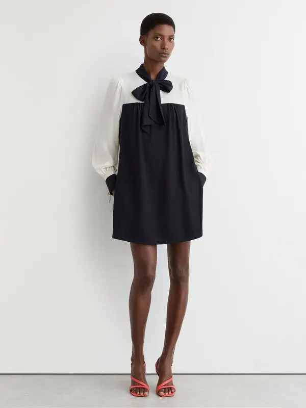 REISS Tie-neck Contrast Shift Dress - Navy/ivory
