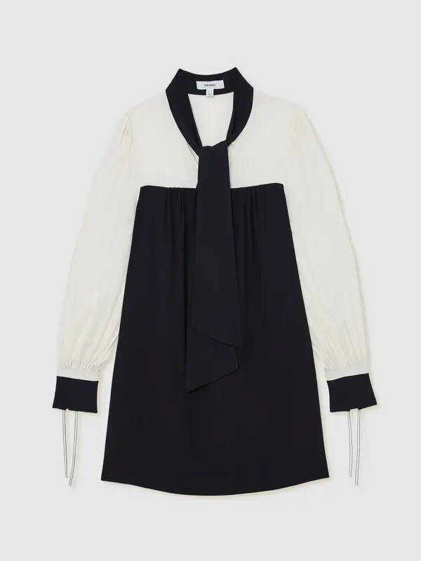 REISS Tie-neck Contrast Shift Dress - Navy/ivory