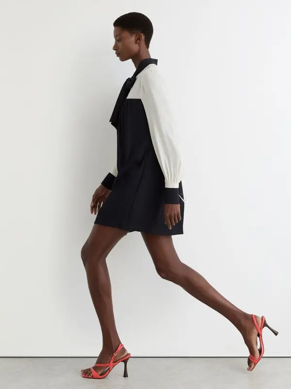 REISS Tie-neck Contrast Shift Dress - Navy/ivory
