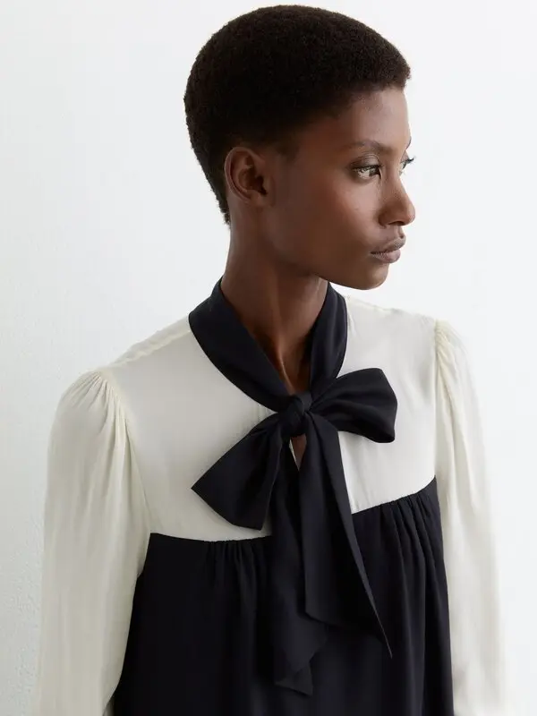 REISS Tie-neck Contrast Shift Dress - Navy/ivory
