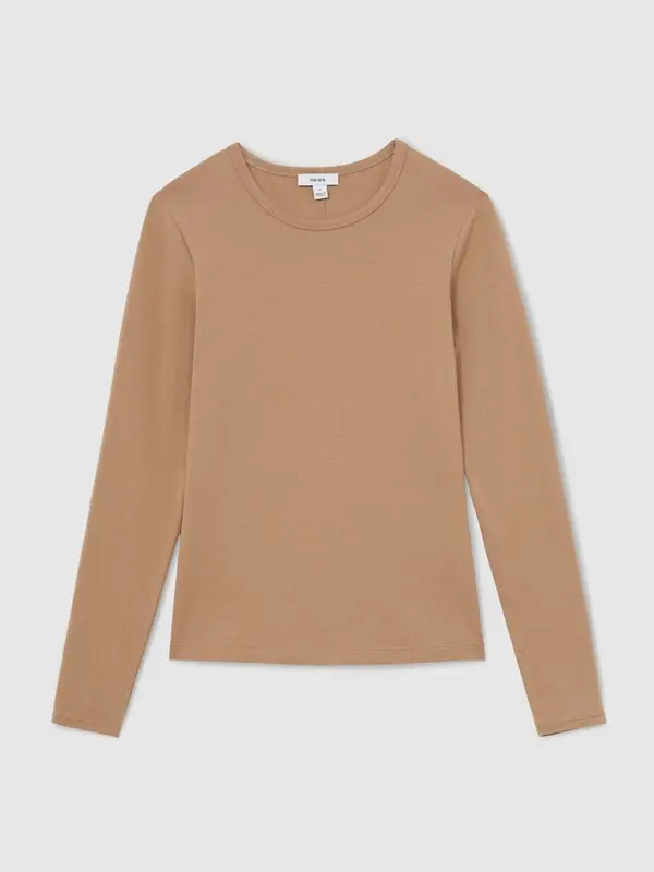 REISS Cotton Crew-neck Long-sleeve T-shirt With Stretch - Camel