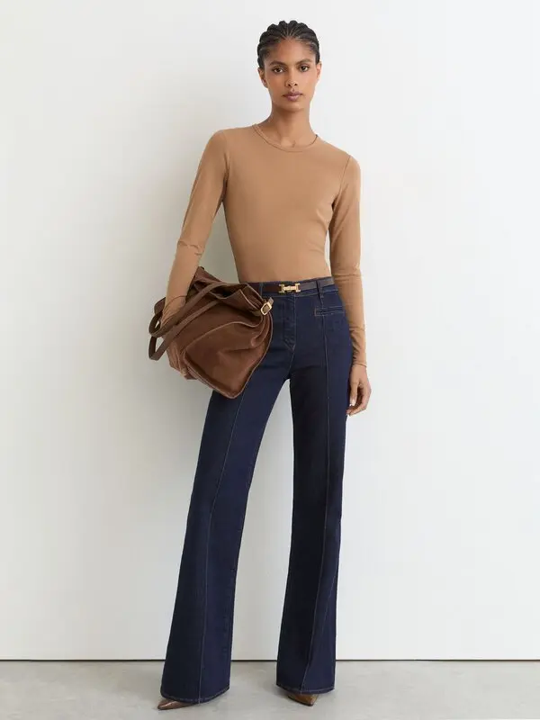 REISS Cotton Crew-neck Long-sleeve T-shirt With Stretch - Camel